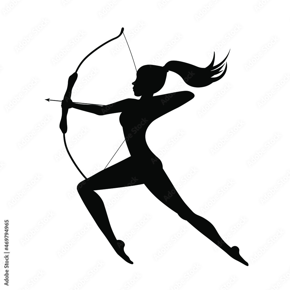 Woman jumping, shooting a bow and arrow silhouette vector illustration ...
