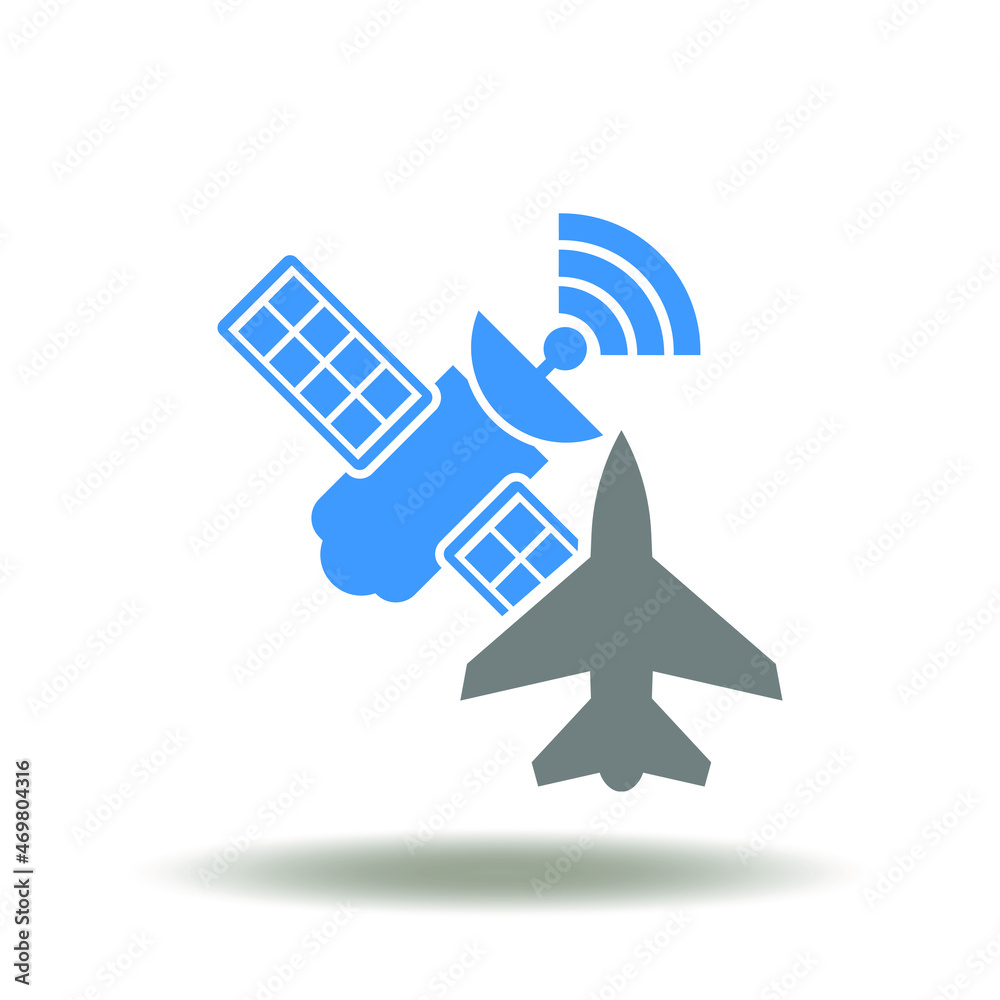Vector illustration of satellite with air fighter. Icon of military ...