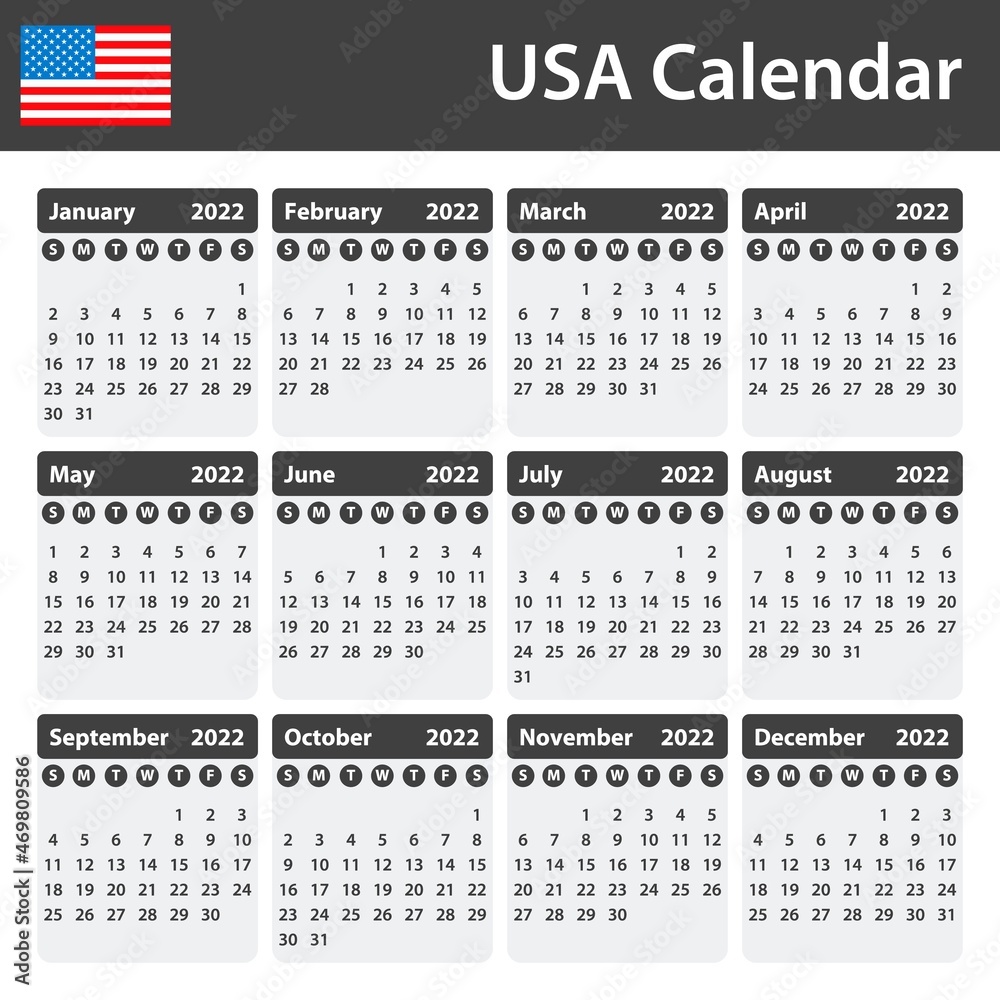 USA Calendar for 2022. Scheduler, agenda or diary template. Week starts ...