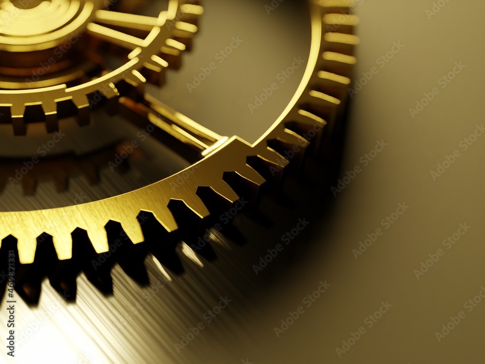 Golden clockwork mechanism, close up. Precision engineering, concept ...