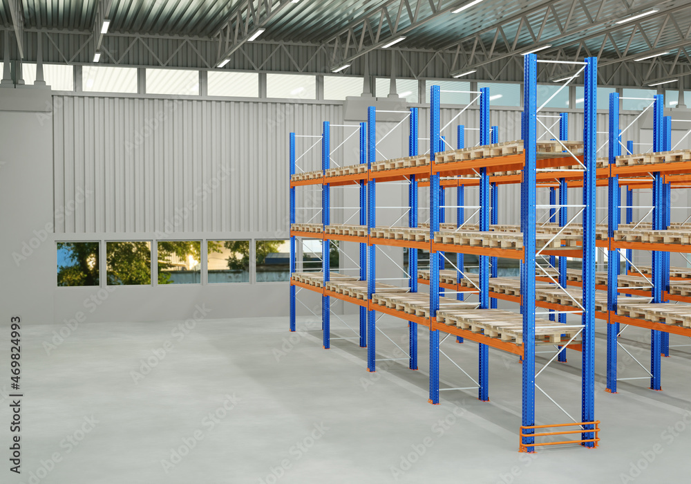Logistics center. Warehouse with metal shelves. Storage of goods ...