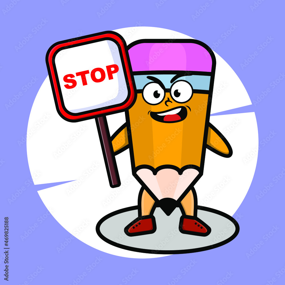 Cartoon mascot illustration pencil with stop sign board vector drawing ...