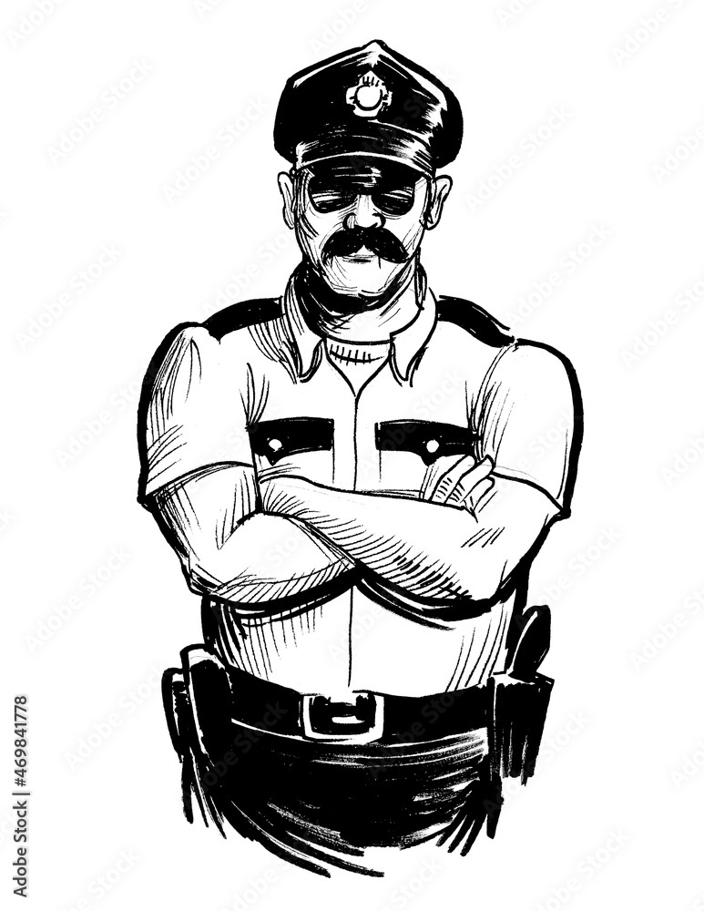 American police officer. Ink black and white drawing ilustração do ...