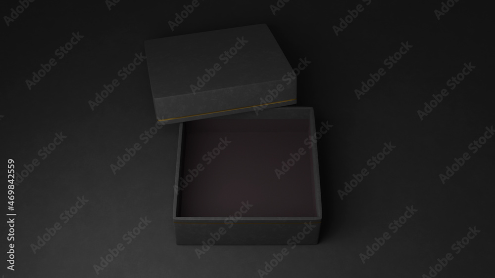 Half open square black box and lid. Luxury mockup of paper package with ...