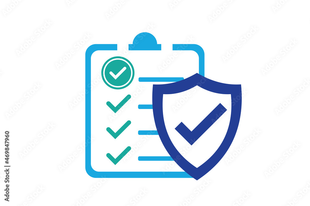 Insurance policy concept, check board and shield on white background ...