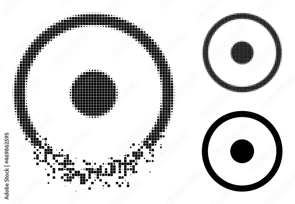 Circle center icon with damaged effect. Disappearing effect involves ...