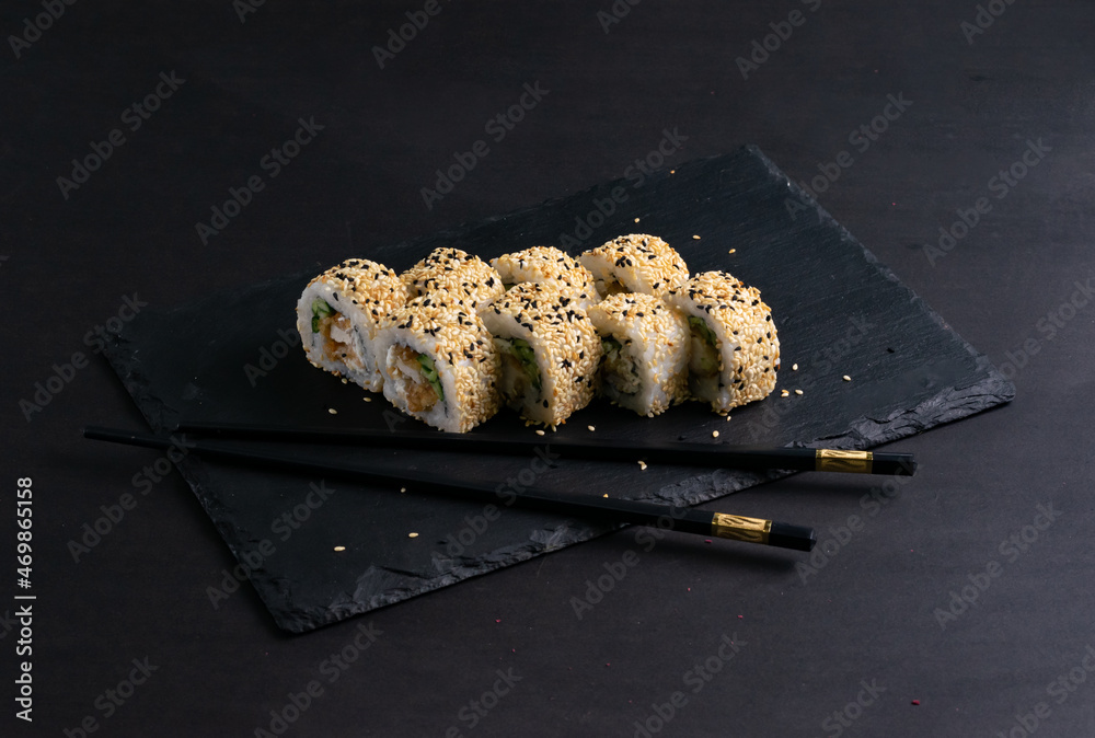 Sushi roll sushi with prawn, avocado, cream cheese, sesame. Sushi menu ...