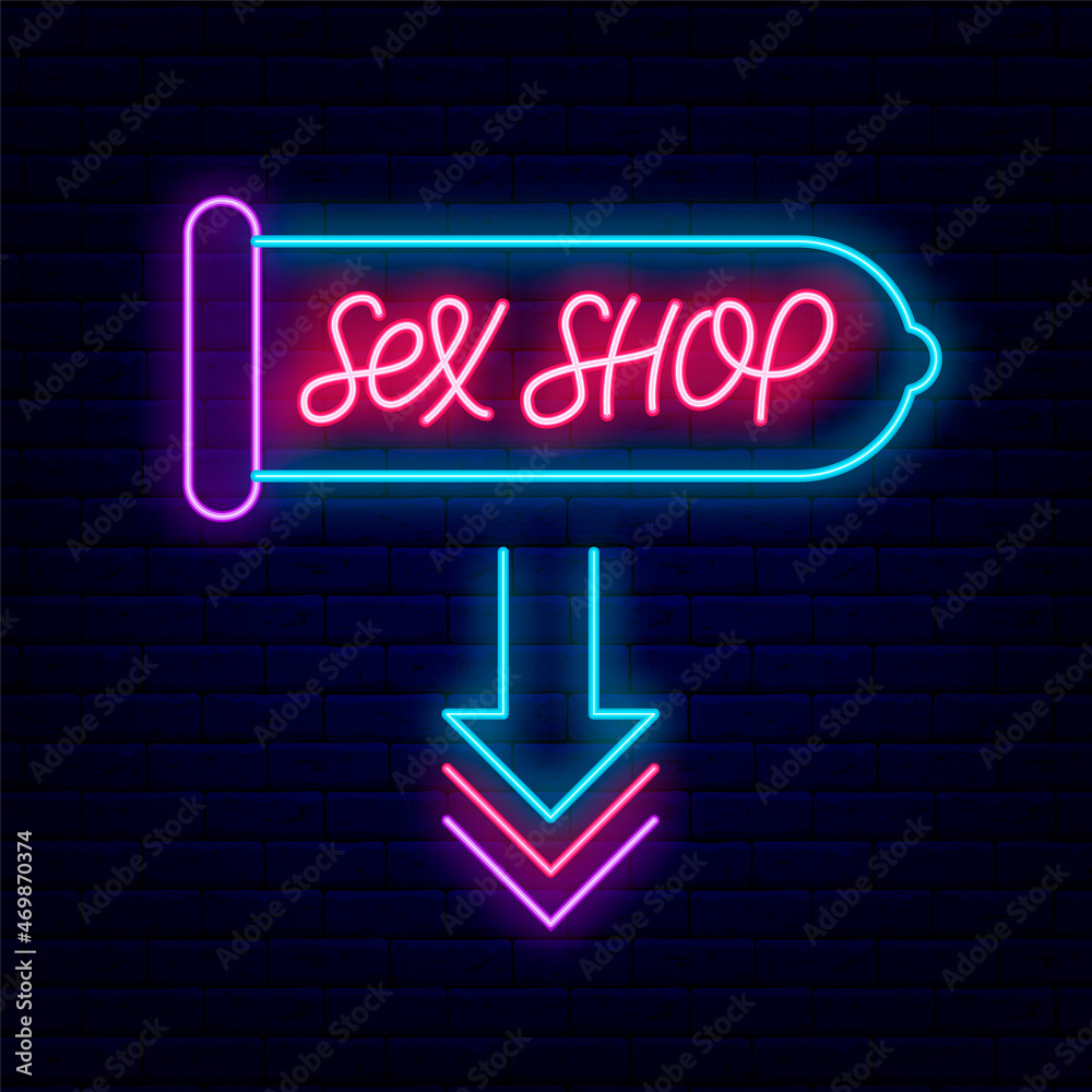 Sex Shop Neon Lettering With Condom Frame On Brick Wall Background