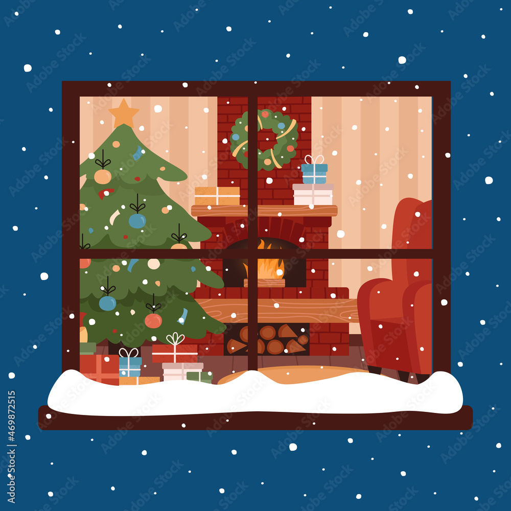 Winter Night By Fireplace Cartoon