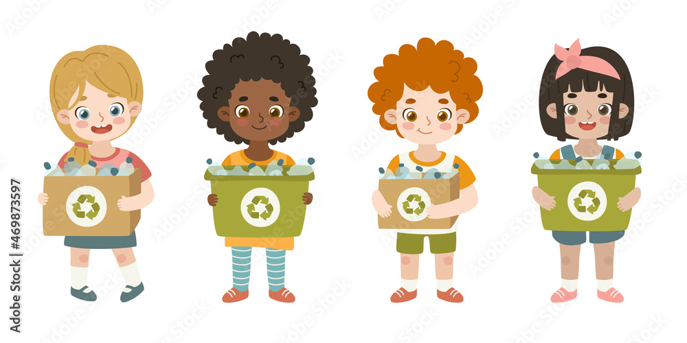 Set of cartoon kids collect plastic waste to recycling. Bundle of cute ...
