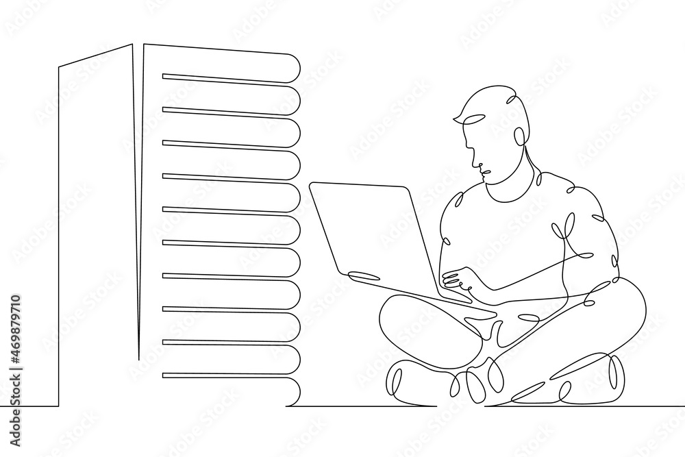 IT specialist is holding a laptop. Data center, server cabinet. Digital ...