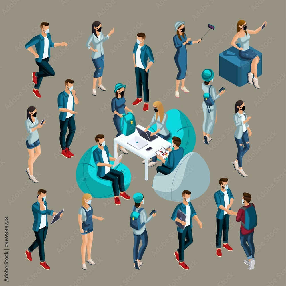 Isometrics set of vector characters in different poses, 3d teenagers ...