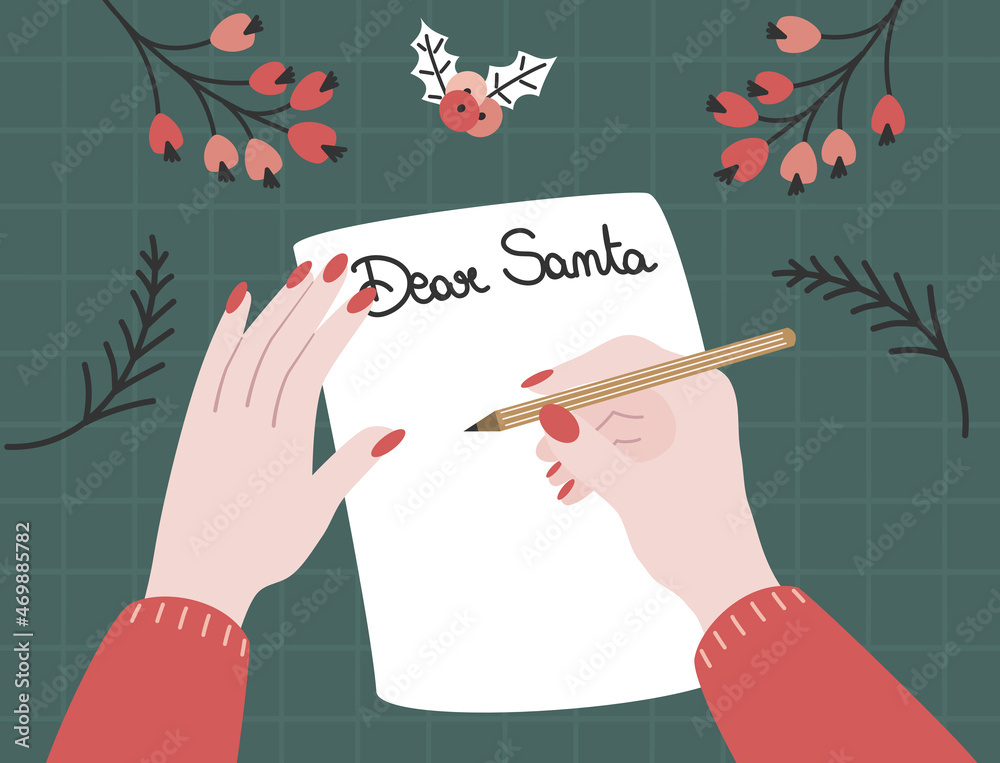 Cute female character hands with pen writing letter to santa claus ...