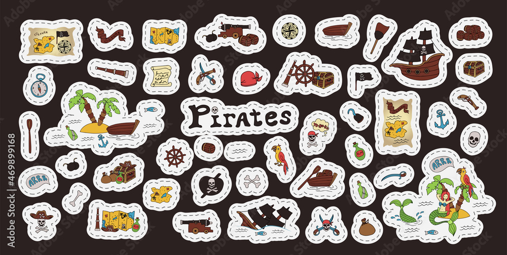 Vector doodle pirate set. A map with a hand-drawn sketch of a mermaid ...