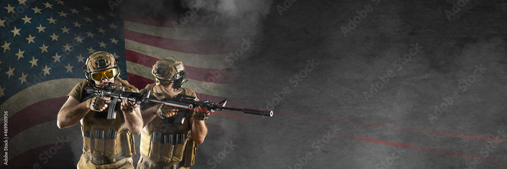 Two special forces soldiers, during a special operation is shrouded, in ...