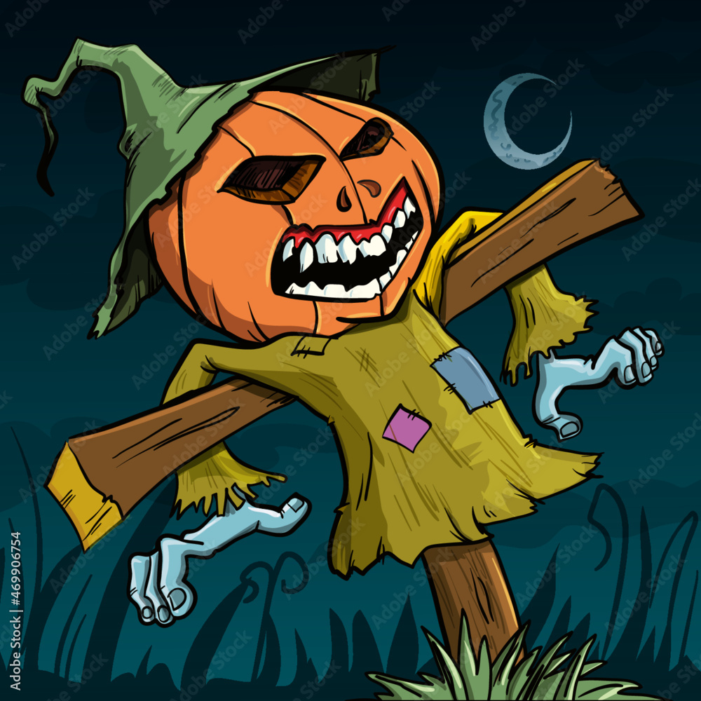 Cartoon scary scarecrow with a pumpkin head Stock Vector | Adobe Stock