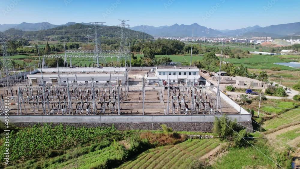aerial view of transformer substation and high voltage tower Stock ビデオ ...