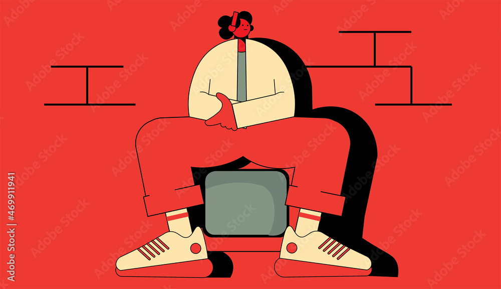 flat style vector illustration of a flat female character sitting on ...