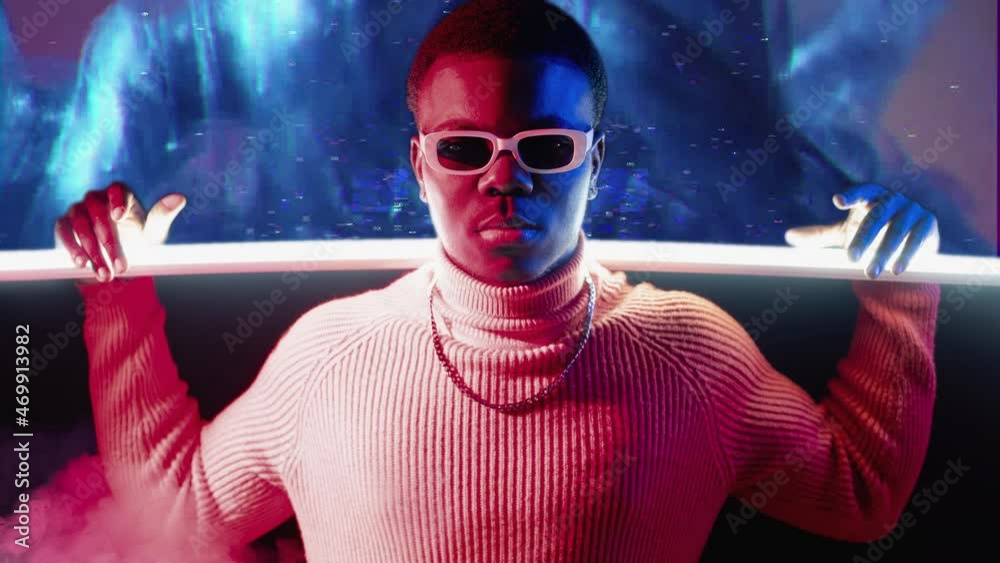 Cyber people. Digital art. Synthwave party. Red blue neon light ...