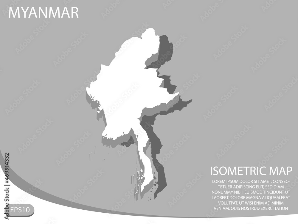 White isometric map of Myanmar elements gray background for concept map ...