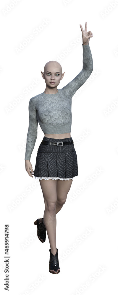 3d illustration of a bald female alien with pointy ears in a skirt and ...