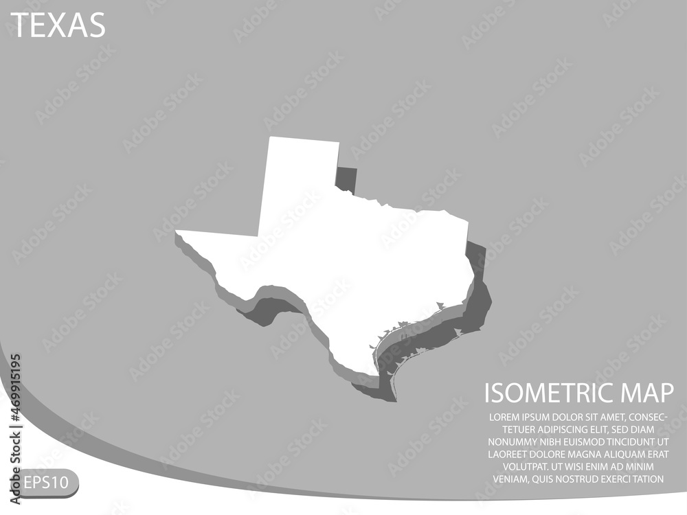 White isometric map of Texas elements gray background for concept map ...