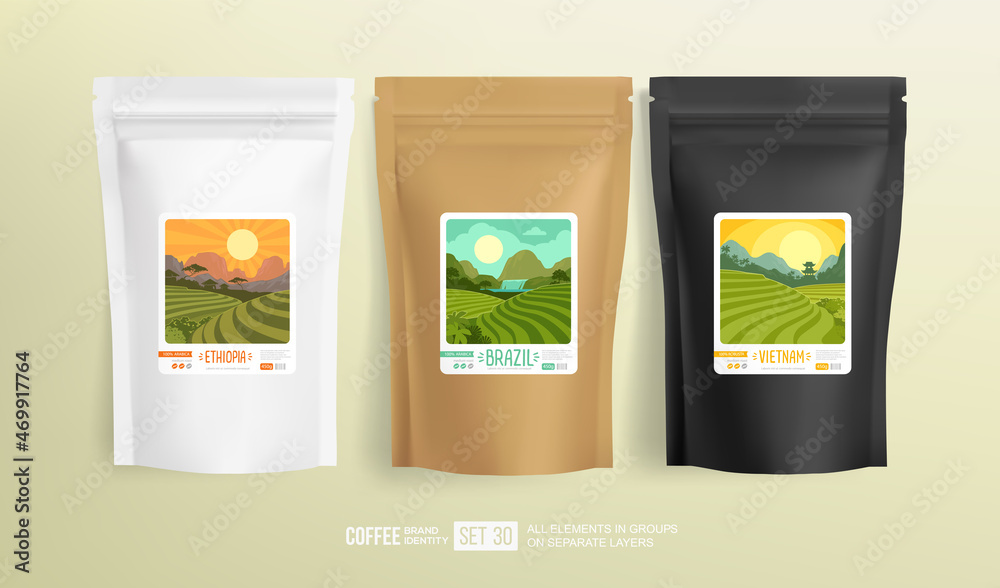 Coffee zip package with branding design on Mockup template. Coffee ...