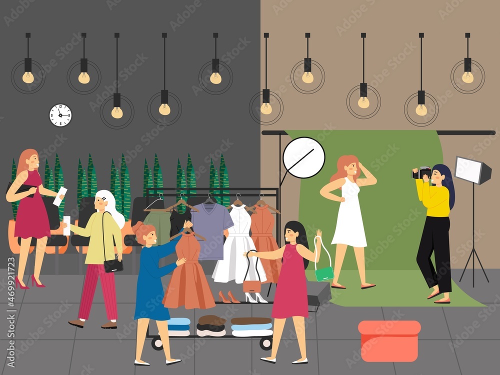 Fashion model catwalk dressing room and photoshoot scenes, vector ...