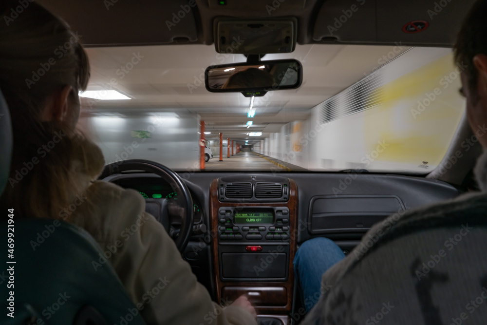 Car driving at night. Inside the car view, Caucasian female driver and ...