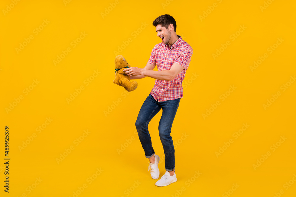 Full length body size view of attractive cheerful funky guy dancing ...