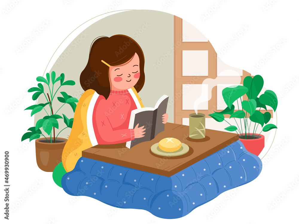 Girl sitting behind a kotatsu illustration. Vector cute female ...