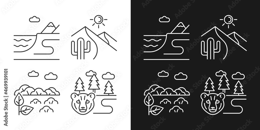 Natural landforms linear icons set for dark and light mode. Coastal ...