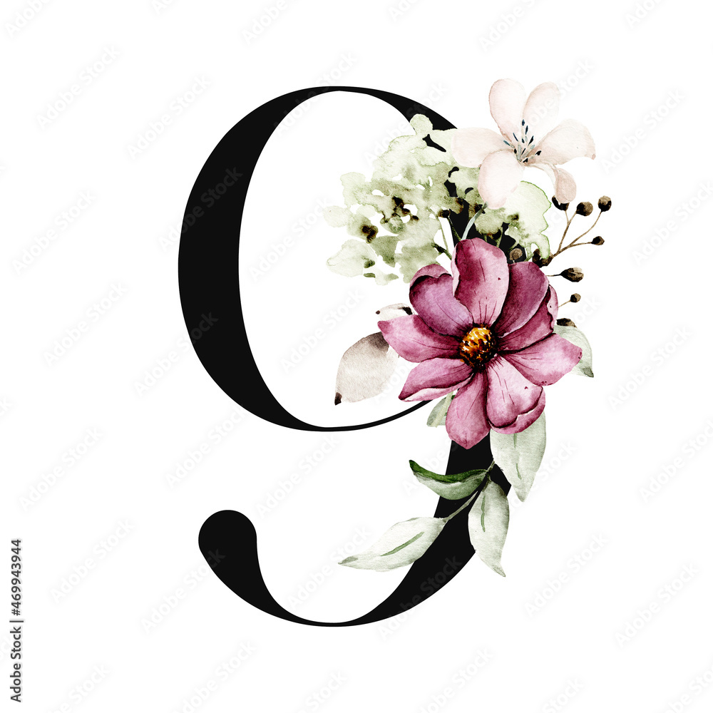 Number 9 with watercolor flowers peonies and leaf. Perfectly for ...