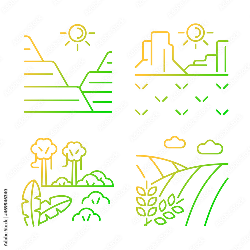Landforms gradient linear vector icons set. Sediment and rock land ...