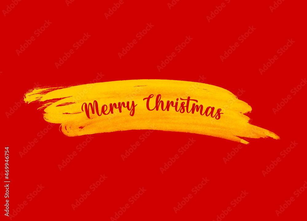 Merry Christmas lettering. Red curved text on yellow gold watercolor ...