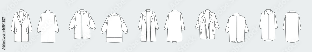 Coat vector template set isolated on a grey background. Front and back ...