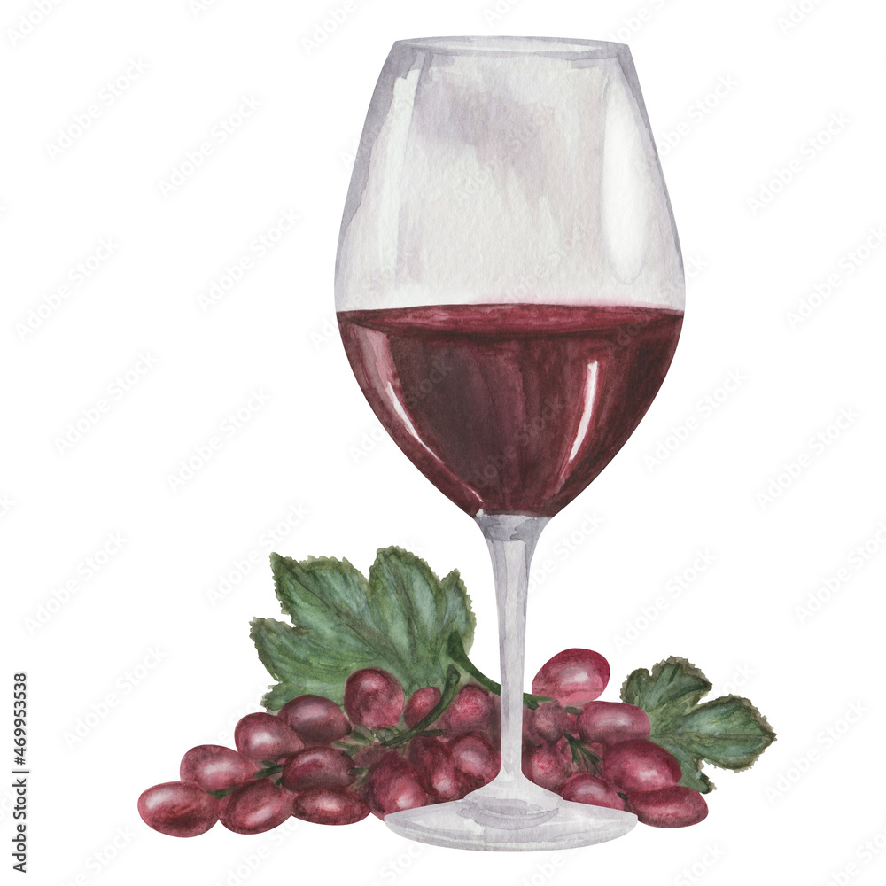 Watercolor illustration of hand painted glass on long stalk with maroon ...