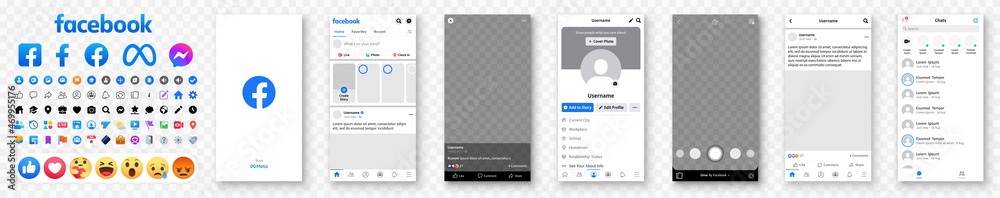 Facebook mockup set. Stories, liked, photo, messenger, friends, chats ...