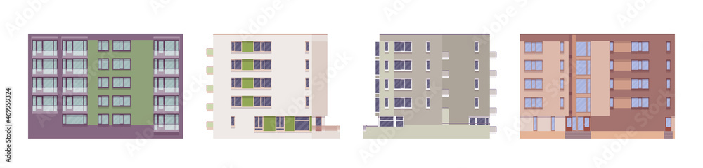 Residential building set, towering apartment blocks facade ...