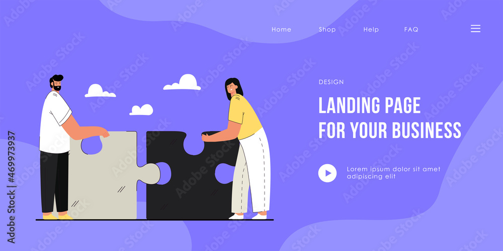 Tiny man and woman putting together giant puzzle. Flat vector ...