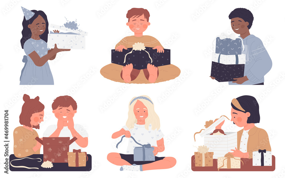 Kids open gift boxes set vector illustration. Cartoon happy children ...