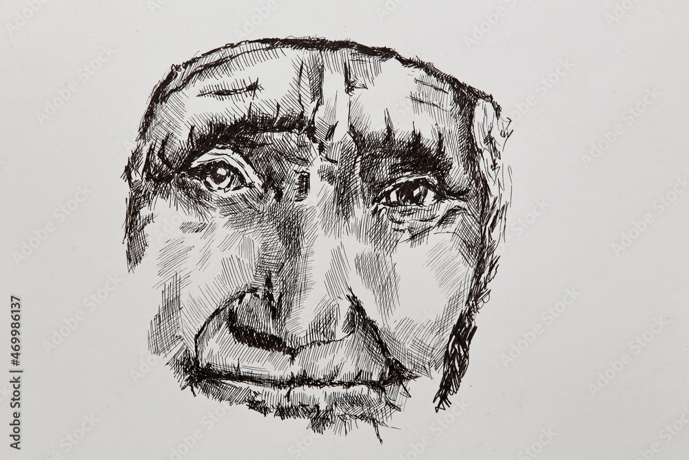 Old face - illustration. Detailed close-up drawing of an old woman's ...