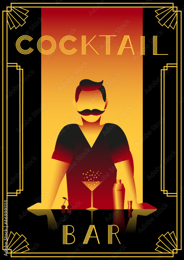 Cocktail bar poster with barman, sparkling cherry cocktail and cocktail ...