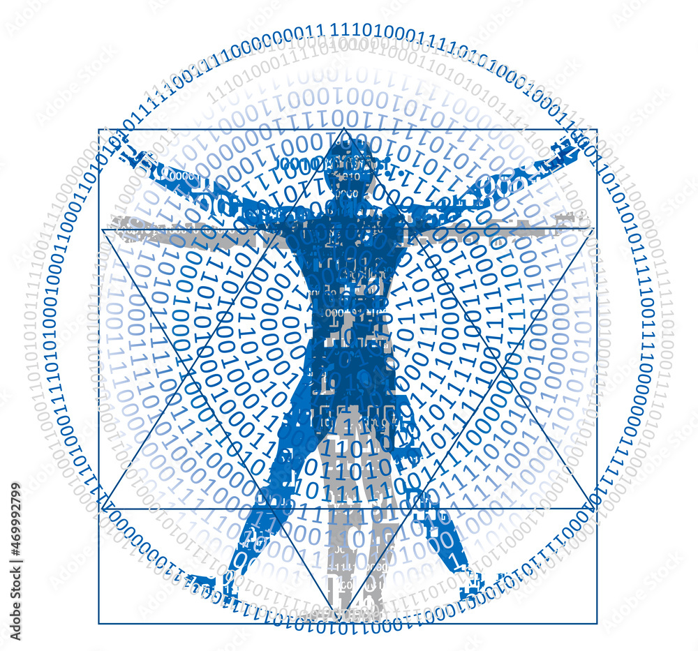 Vitruvian man with binary code,symbol of digital age. Stylized drawing ...