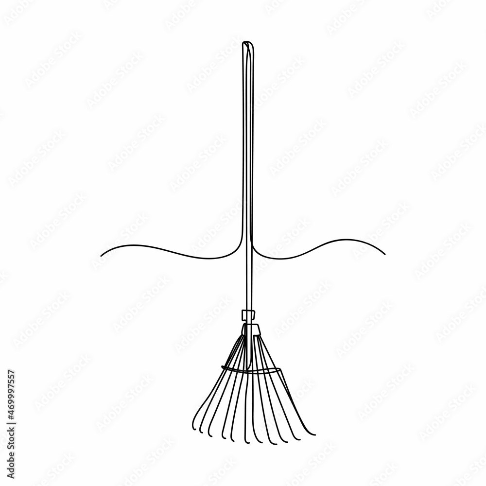 Vector continuous one single line drawing icon of garden rake in ...