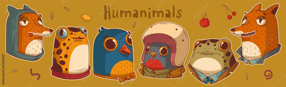 Funny portrait vector set of humanized animals. Cute isolated cartoon ...