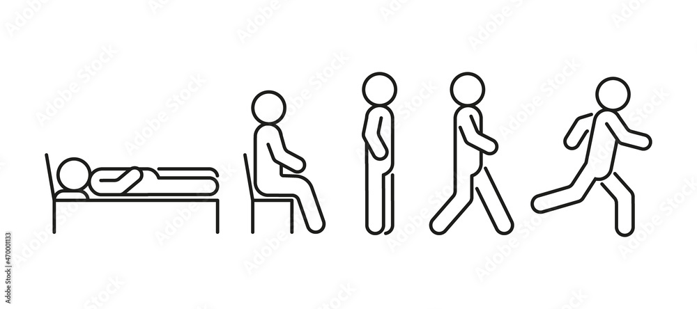 People icon in different posture, human various action poses. Lie ...