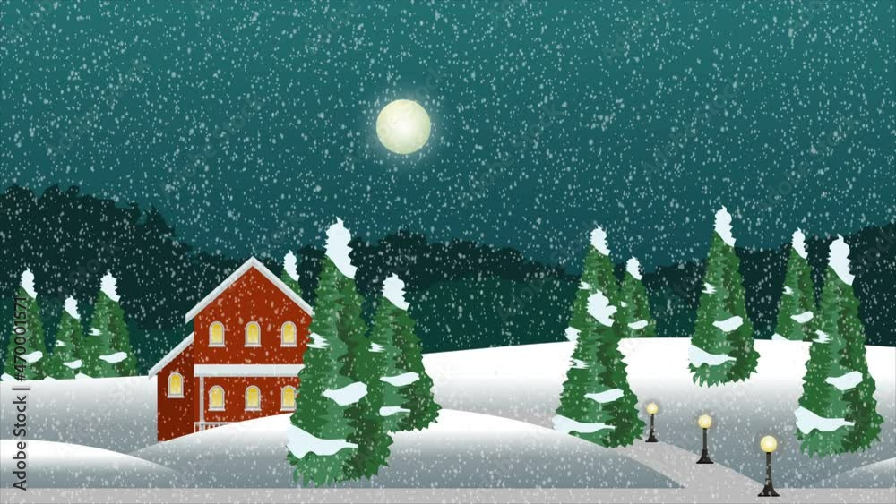 Winter village or farm in snow. Christmas night, falling snow flakes ...
