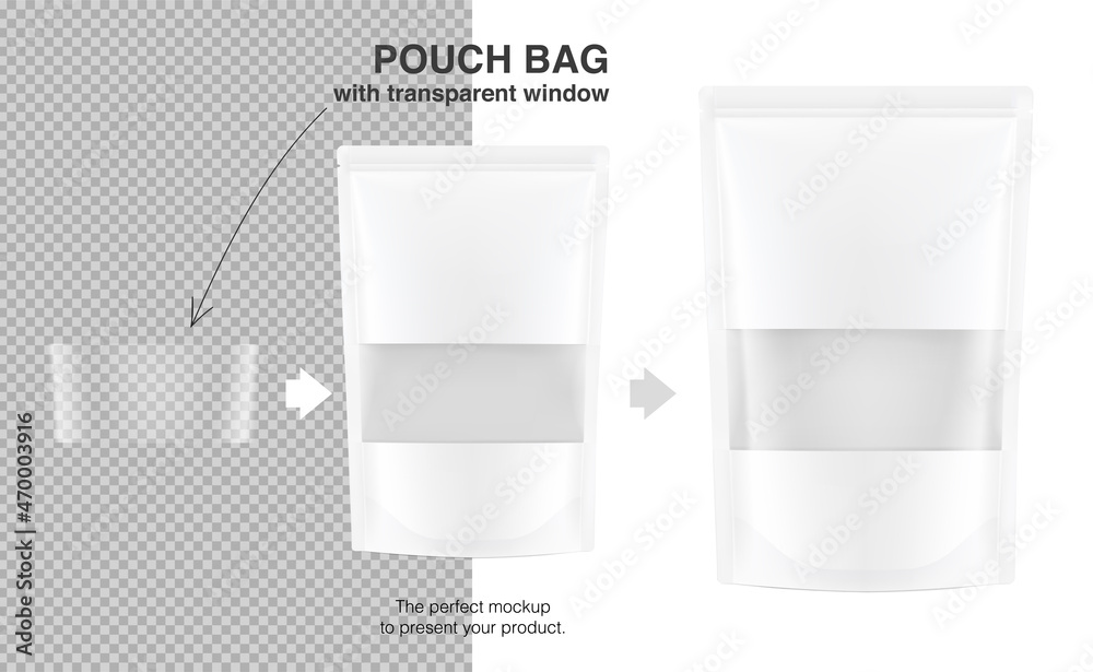 Pouch bags with transparent window mockups on white background. With ...