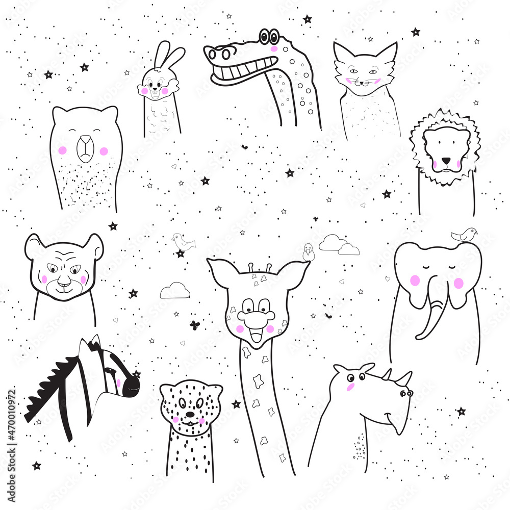 Animal cartoon set isolated on white background. Collection of cute ...